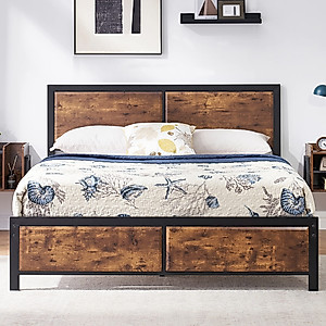 VECELO Queen Platform Bed Frame with Rustic Vintage Wood Headboard, Mattress Foundation, Strong Metal Slats Support, No Box Spring Needed ,Brown