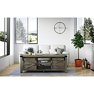 St.Mandyu Farmhouse Coffee Table with Hidden Compartment and Storage Cabinets Shelves, Wood Rectangular Tables with Sliding Barn Doors for Living Room Reception (Dark Grey)