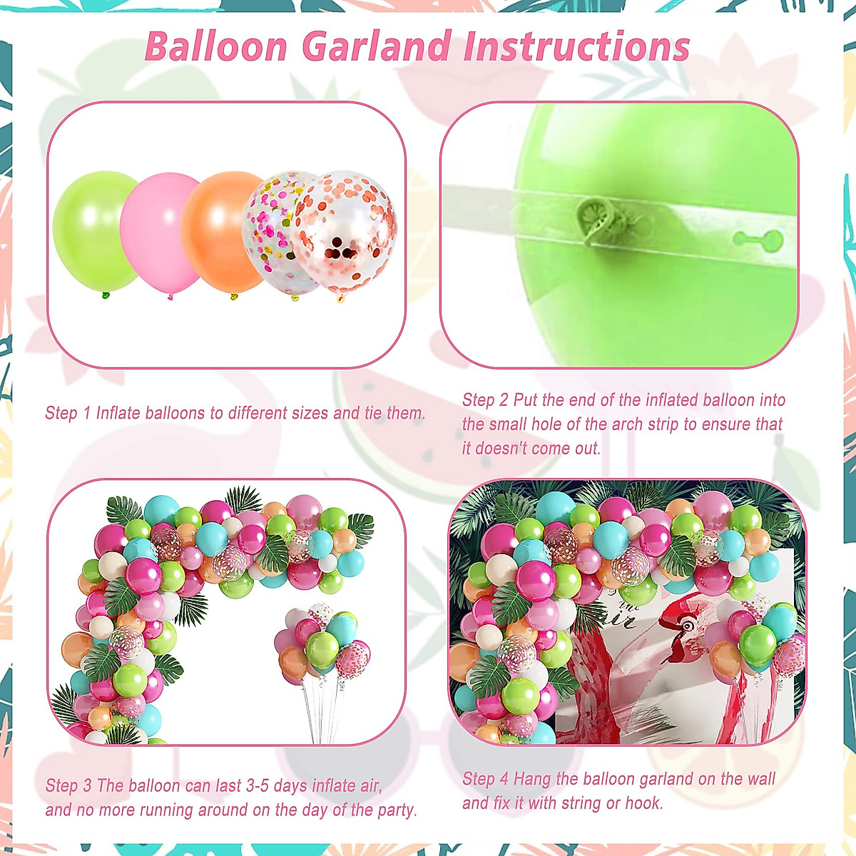 124Pcs Tropical Balloons Arch Garland Kit, Green Hot Pink Rose Gold Confetti Balloons Palm Leaves for Tropical Hawaiian Aloha Luau Flamingo Birthday Party Baby Shower Wedding Decorations