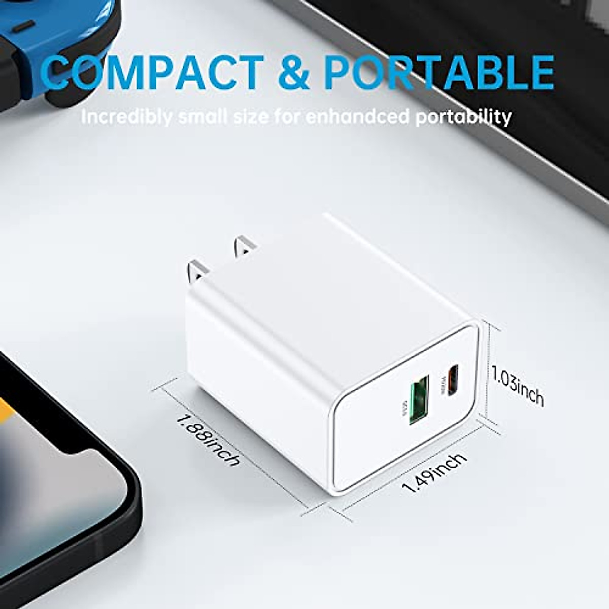 USB C Wall Charger Block 20W, Dual Port USB-C Wall Plug-in USB Charger 20W PD & QC3.0 USB A Fast Charging Block for iPhone 14/13/12/11 /Pro Max, iPad Pro, AirPods Pro, Samsung Android Phones and More