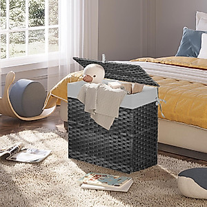 Greenstell Laundry Hamper with Lid, 125L Large Clothes Hamper with 3 Section & 2 Section Removable Liner Bags & 5 Mesh Laundry Bags, Handwoven Synthetic Rattan Divided Laundry Basket, Gray