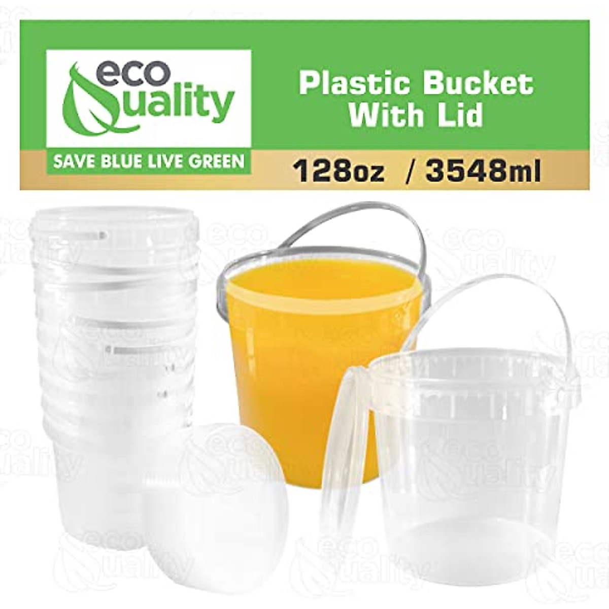 1 Gallon (128 oz) Clear Plastic Bucket with Lid and Handle (3 Pack), Ice Cream Tub with Lids - Food Grade Freezer and Microwave Safe Food Storage Containers, Round Plastic Pail Container with Lid, BPA Free