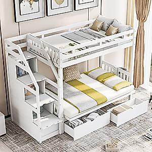 Merax Stairway Twin Over Full Bunk Bed with Staircase and Two Storage Drawers, Storage Bunk Bed with Convertible Down Bed can be Converted into Daybed, White