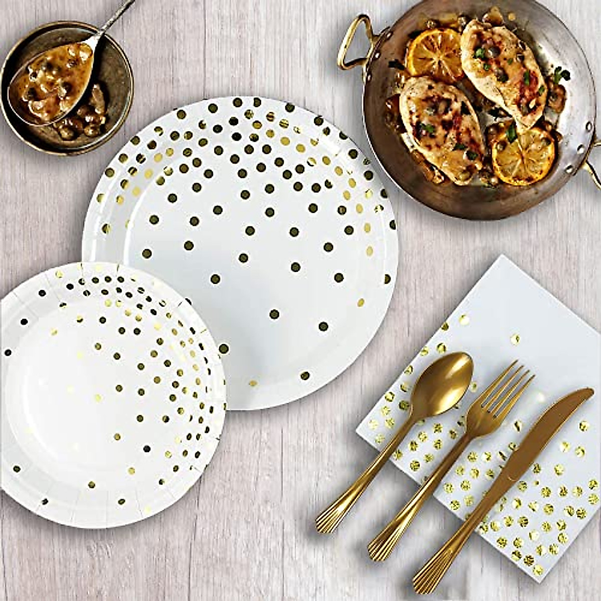 Guang Mao White and Gold Party Supplies-180 PCS Serves 30 Dinnerware Gold Dot Paper Plate, Napkins, Gold Plastic Forks Knives Spoons for Graduation, Birthday, Cocktail Party