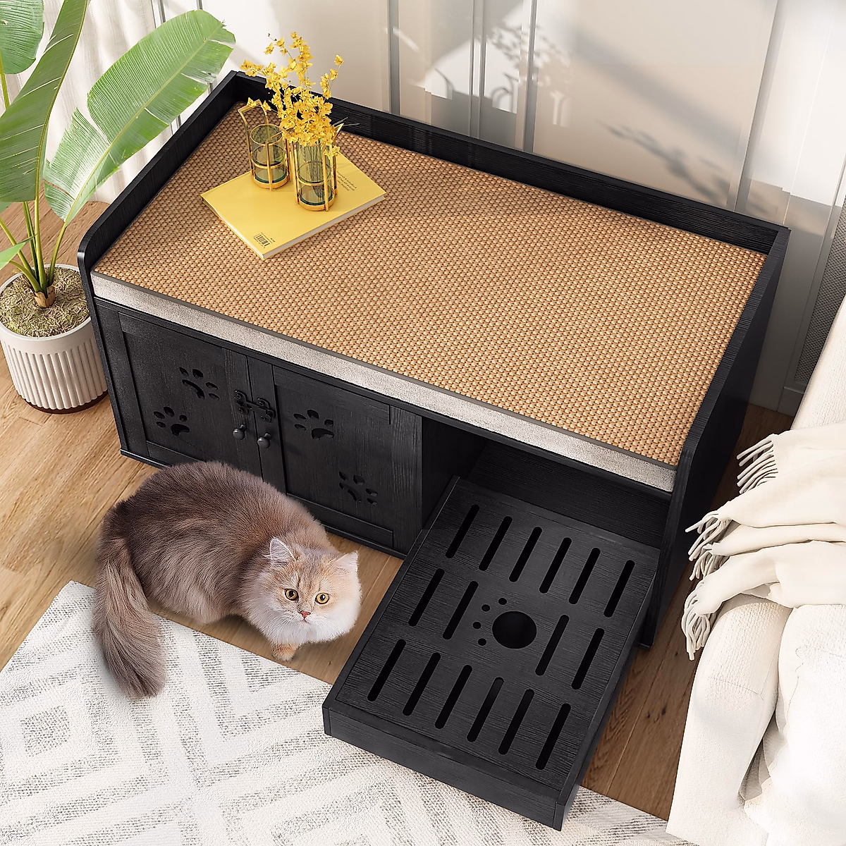 Recaceik Cat Litter Box Enclosure with Mat, Hidden Cat Washroom Furniture with Litter Catcher Box, Wooden Cat House with Door Indoor Cat Cabinet Fit Most Litter Box