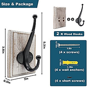 Lomuke Towel Hooks for Bathroom Wall Mounted, 2 Pack Farmhouse Rustic Wall Hooks for Hanging Coat Robe Hat Keys, Heavy Duty Wood Black Hooks for Entryway Kitchen Bedroom Decorative (Weathered White)
