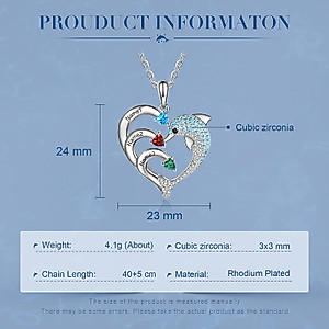 JewelOra Gifts for Mom Personalized Dolphin Necklace Customized Heart Necklace with Simulated Birthstone Engraved Name Necklace Pendant for Women Mom Cute Dolphin Animal Jewelry Gift(3 name)