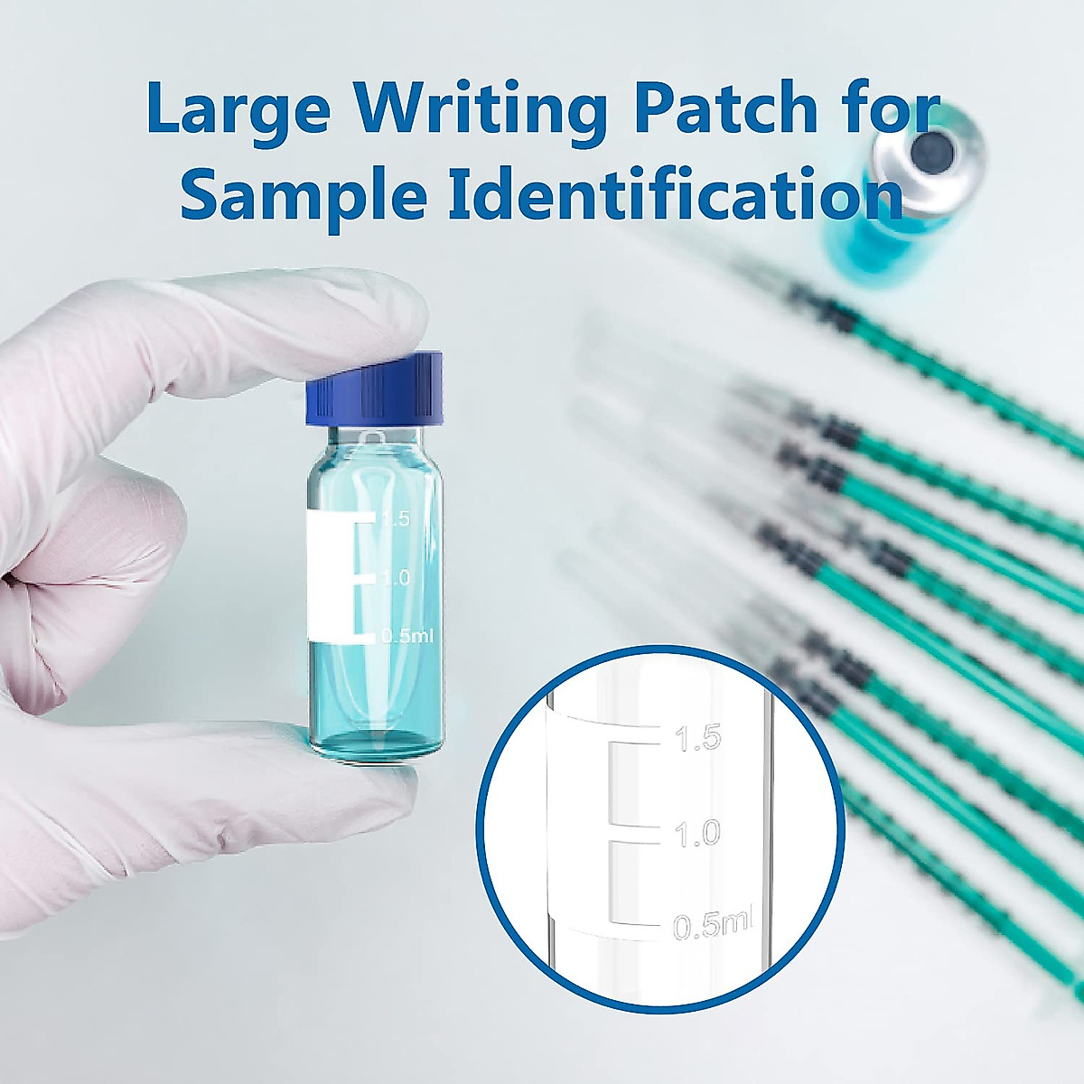 2mL Autosampler Vials with Caps, HPLC Vials, 9-425 Clear Glass Vial with Blue Screw Caps/Writing Patch/Graduation, White PTFE & Red Silicone-1000 Pcs