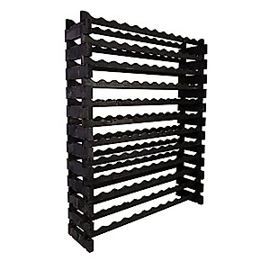 DisplayGifts Stackable Modular Wine Pine Wood Rack Stackable Storage Stand Display Shelves Wobble-Free 12 Rows 144 Bottle Capacity Black