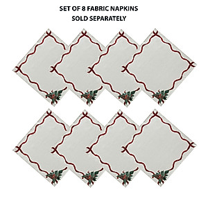 Lintex Evergreen Garland Double Ribbon Bordered Cottage Christmas Tablecloth, Holly and Pine Cone Country Xmas Holiday Easy Care Fabric Tablecloth, 52 Inch x 52 Inch Square