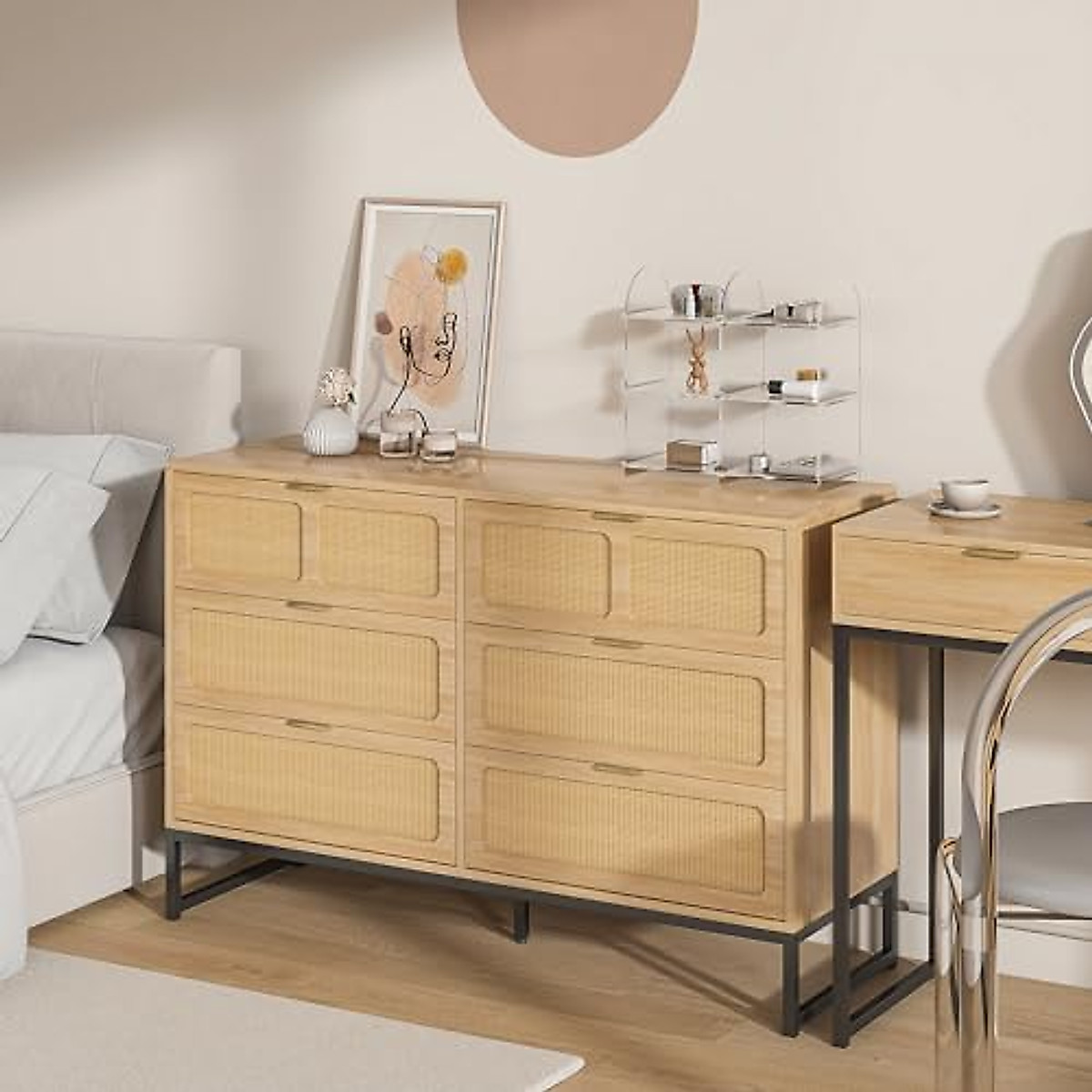 Fiogmub Rattan 6 Drawer Dresser, Chest of Drawers，Modern Mid Century Closet Storage Wood Bamboo Furniture Accent Storage Cabinet Bedroom Living Room Dining Room