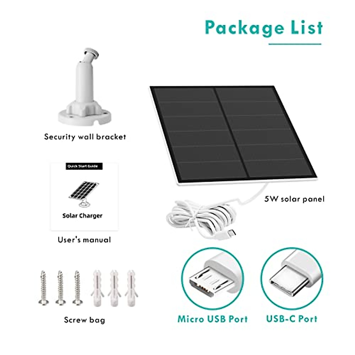 5W Solar Panel for Rechargeable Battery Security Camera, Outdoor IP65 Waterproof Solar Power Supply for Wireless Surveillance Camera, Micro USB Solar Panel, 360° Adjustable Wall Mounting Bracket