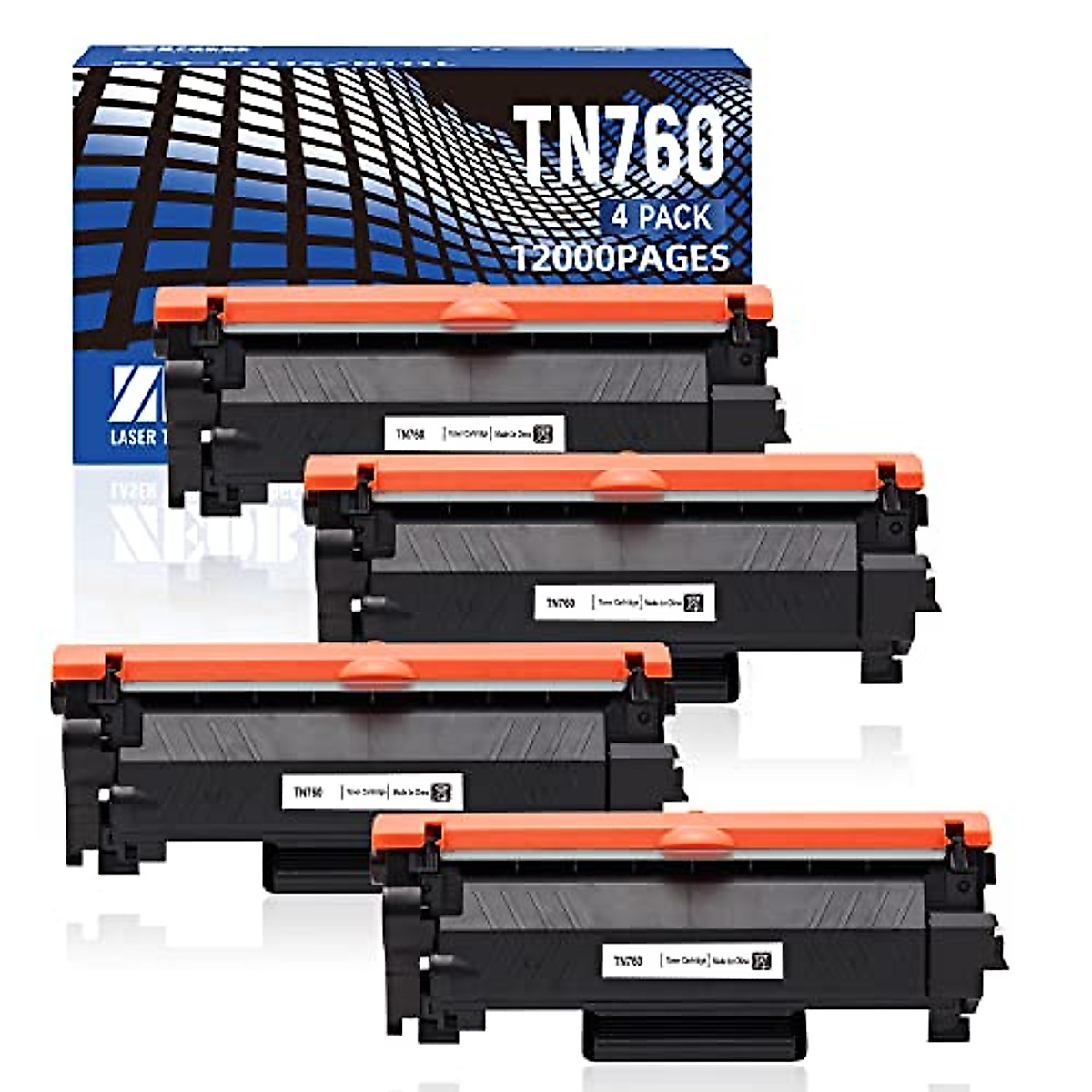 TN760 12000 Pages 4 Packs Toner Cartridge Replacement with Chip for Brother TN-730 TN-760 Black High Yield for DCP-L2550DW HLL2395DW MFCL2710DW MFC-L2750DW Printer