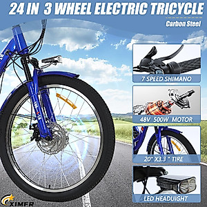 XIMFR 3 Wheel Electric Bicycle 24 Inches Tricycle Bikes Trikes for Adults with Fixed Basket to Use for Shopping Trips（Motor:350W Removable Lithium Battery:48V 13Ah）