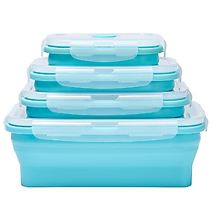 Set of 4 Collapsible Silicone Food Storage Container, Leftover Meal box For Kitchen, Bento Lunch Boxes, BPA Free, Microwave, Dishwasher and Freezer Safe. Foldable Design Saves Your Space.