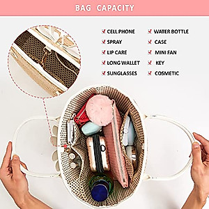 Like Dreams Women Fashion Hand-woven Straw Tote Bag Vegan Leather Bowtie Polka Inner Structured Summer Beach Handbag (White)