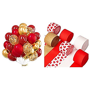 PartyWoo Red and Gold Balloons 50 pcs and Crepe Paper Streamers 6 Rolls