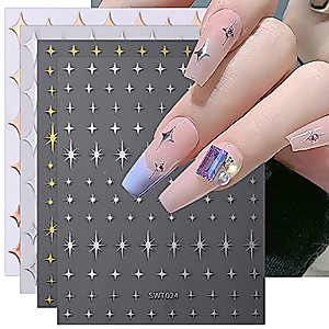JMEOWIO 9 Sheets Colorful Star Nail Art Stickers Decals Self-Adhesive Pegatinas Uñas Silver Nail Supplies Nail Art Design Decoration Accessories