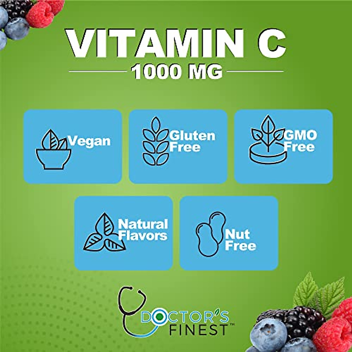 DOCTORS FINEST Vitamin C 1000mg Gummies, Maximum Strength, Vegan, GMO-Free Gluten Free, Great Taste Natural Sour Apple Flavor Gummy Vitamins, Immune Support Dietary Supplement, for Adults, 90 Gummies
