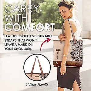 SIXTEASE Tote Bags for Women Large Tote Bag with Zipper Top - Genuine Leather Strap, Upcycled Canvas, Rug, Hair On and Hardware Accents - Vintage Style Hand Stitched - Emblem