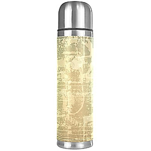 Vintage Cracked Music Notes Stainless Steel Coffee Thermos, Double Walled Insulated Water Bottle for Outdoor Sports, Office, Car (17 OZ/500ML)