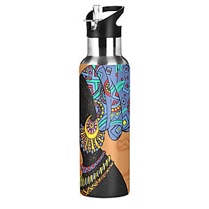 Ethnic African Woman Water Bottle with Straw Lid Leakproof Kids Insulated Stainless Steel Water Flask Thermos Bottle for Sport Gym Outdoor 20 oz