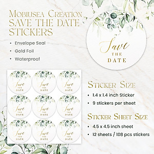 Mobiusea Creation Greenery Save The Date Stickers for Envelopes | 1.4 inch | Gold Foil | 108pcs Waterproof Invitation Stickers for Wedding, Bridal Shower, Birthday, Baby Shower