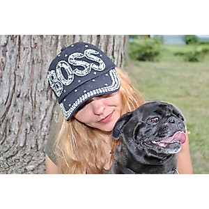 Popfizzy Bling Boss Baseball Cap for Women Rhinestone Hat, Distressed Baseball Caps, Denim Ball Caps (Boss (Black))