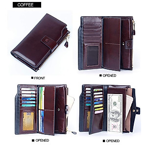 Behaniu Womens Multi Card slots Geniune Leather Wallet with Zipper Pocket Large Capacity RFID Blocking Credit Card Holder for Women (Coffee), Medium