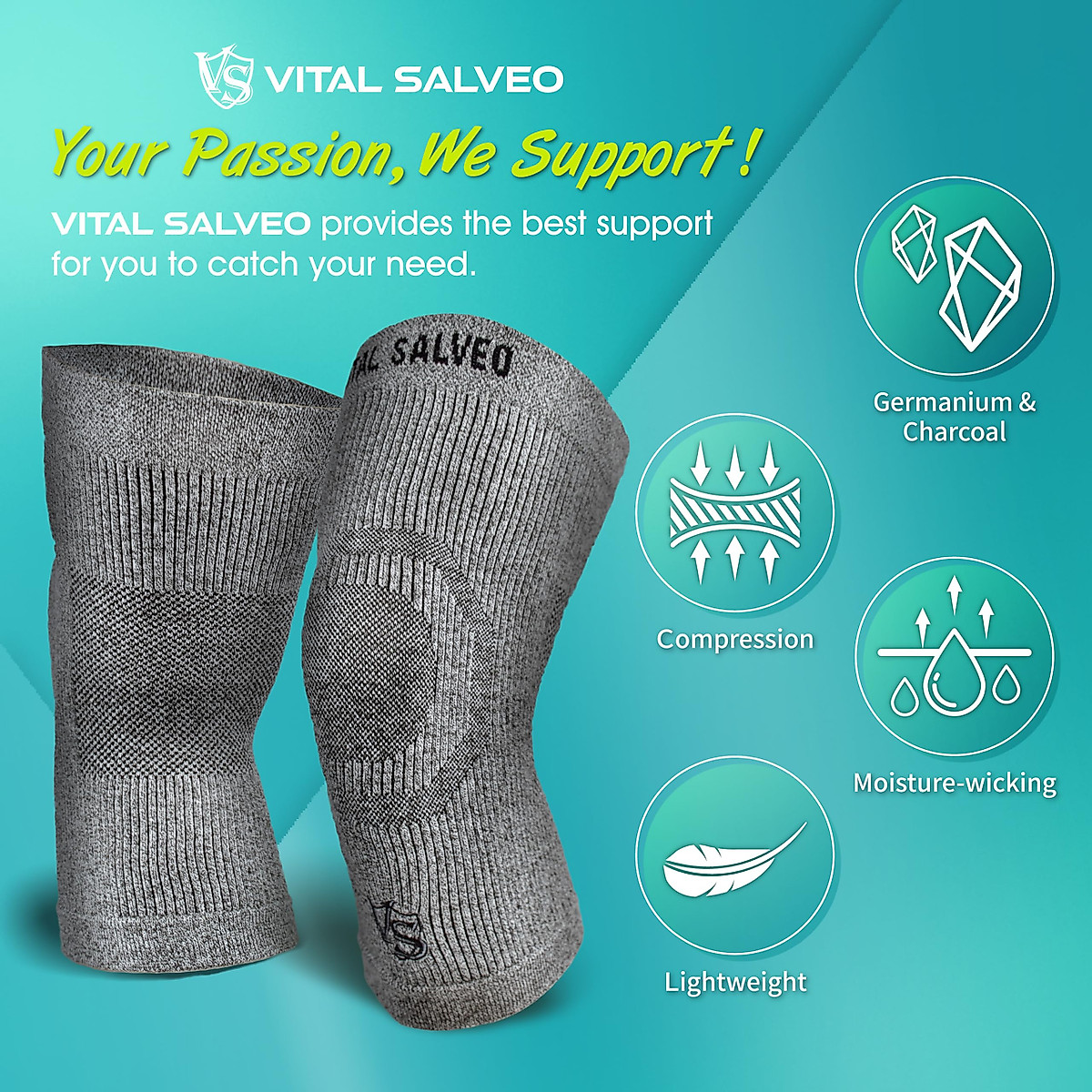 VITAL SALVEO Knee Sleeve-Knee Brace C3-COMFORT for Joint Pain Relief, Germanium and Charcoal Yarn Circulation For Men and Women (1 Pair)-XX-Large