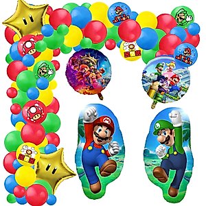 134 PCS Mario Birthday Party Balloon Decorations, Mario Balloon Garland Arch Kit Mixed Size 12 10 5 Inch Latex Balloons and Foil Balloons for Kids Birthday Party Favors Supplies