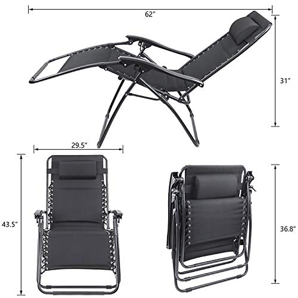 Greesum GS-OSZG00 Oversized Zero Gravity Chair, Folding Outdoor Patio Lounge Recliner with Movable Headrest, Black