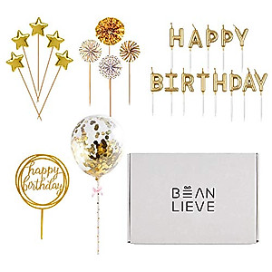 BEAN LIEVE Birthday Candles Set - Cake Topper Decoration with Cake Candles Confetti Balloon Stars and Fan Cupcake Toppers 12 Pieces Birthday Cake Decor for Birthday Party Celebration (Gold)