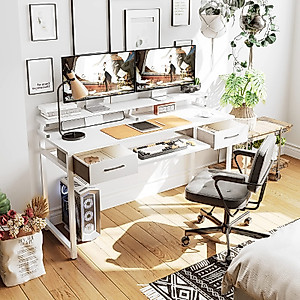 ODK Computer Desk with Keyboard Tray, 55 inch Office Desk with Drawers, Writing Desk with Monitor Shelf and Storage, Work Desk for Home Office/Bedroom, Bamboo