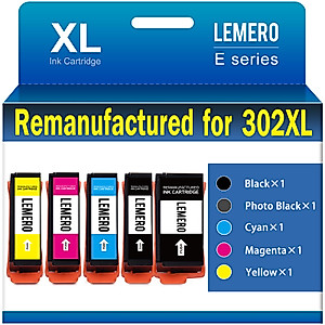 LEMERO Remanufactured Ink Cartridge Replacement for Epson 302 XL 302XL T302XL for XP-6100 XP6100 XP6000 XP-6000 Printer (Black, Photo Black, Cyan, Magenta, Yellow, 5 Pack)