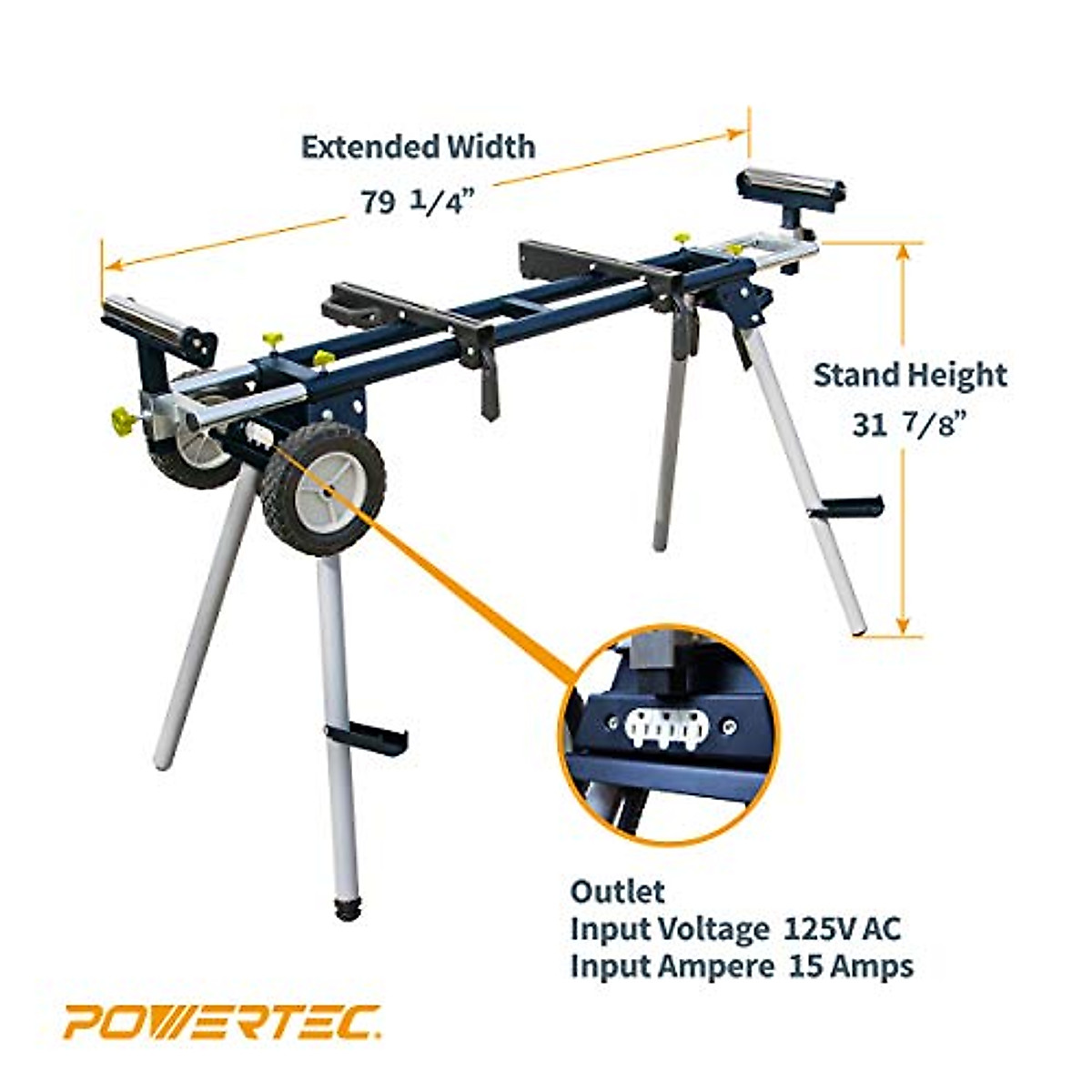 POWERTEC MT4000 Folding Miter Saw Stand with 8-Inch Wheels and 110V Power Outlets, Universal Quick-Release Brackets