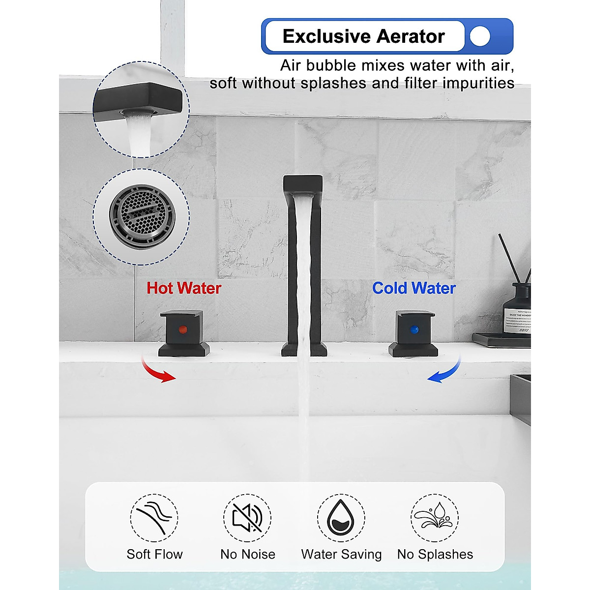 HEYMYTAP High Flow Bath Tub Faucet, Roman Bathtub Faucet Black Tub Faucet Set Solid Brass Soaking Tub Faucet 2 Handle Bathtub Faucets Deck Mount Quiet Longer Spout Reach 5.3 inch No Leaks