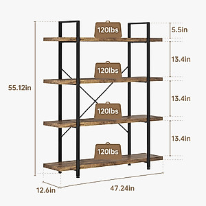 OtterOasis Bookshelf, 4 Tier Book Shelf, Industrial Bookcase for Home and Office, 47" Length Wide Wood Standing Bookshelf Display Open Shelving Rack, Rustic Horizontal Shelves for Living Room Bedroom