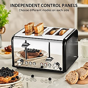 REDMOND Toaster 4 Slice Stainless Steel, Wide Slots 4 Slice Toaster with Bagel Defrost Cancel Function 6 Bread Shade Settings for Bread waffles Auto Shutoff Black