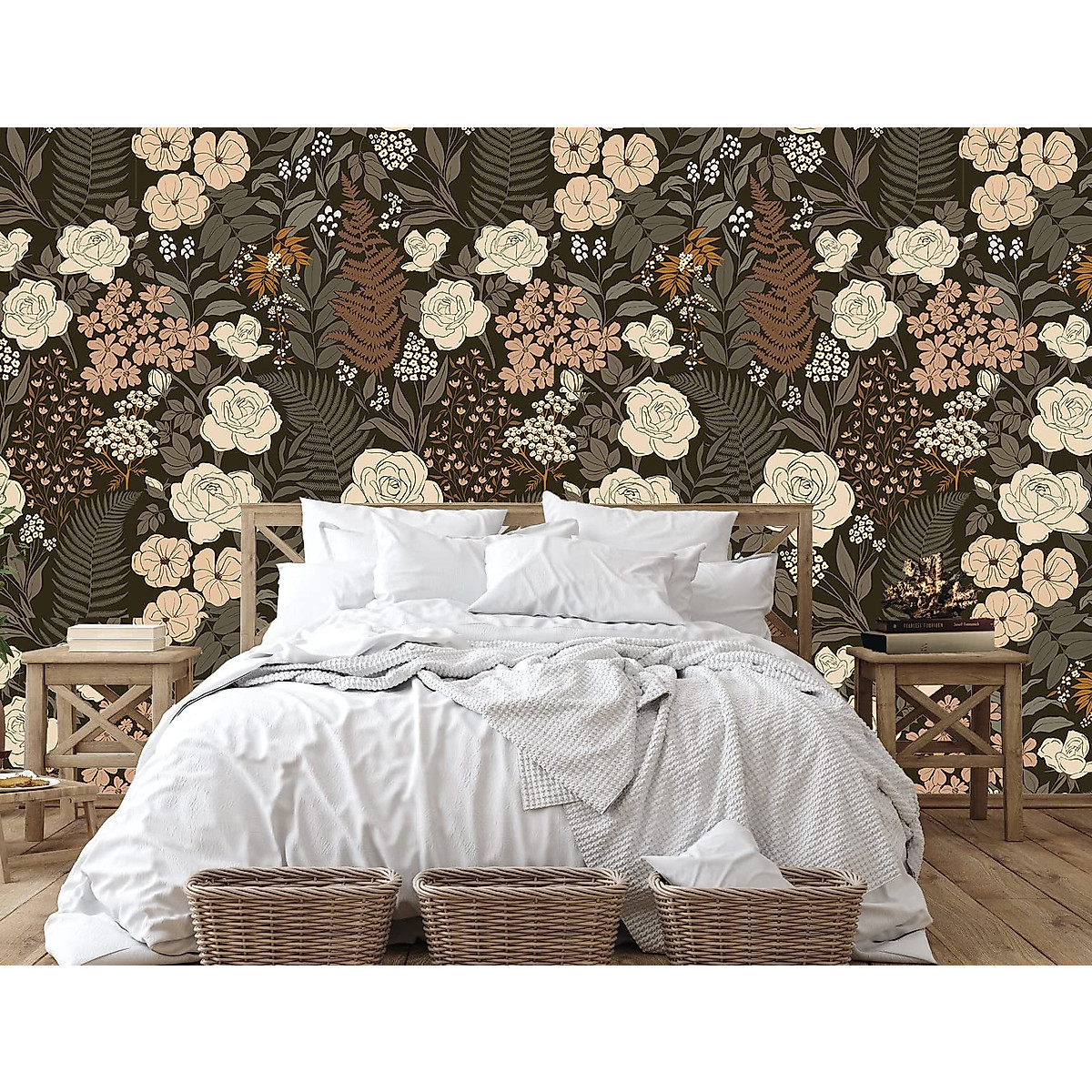 HAOKHOME Peel and Stick Wallpaper Floral Vintage Removable Rose Leaf Black/Brown/Beige Stick on Mural 17.7in x 9.8ft