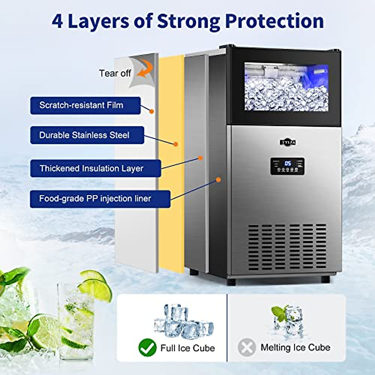 Commercial Ice Maker 130 LBS/24H, Upgraded 15" Wide Under Counter Ice Maker with 35LBS Ice Capacity, Commercial Ice Machine Self Clean Stainless Steel Built-in or Freestanding Large Ice Machine