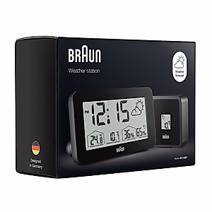 Braun Digital Weather Station Clock with Indoor and Outdoor Temperature and Humidity, Forecast, LCD Display, Quick-Set, Crescendo beep Alarm in Black, Model BC13BP.