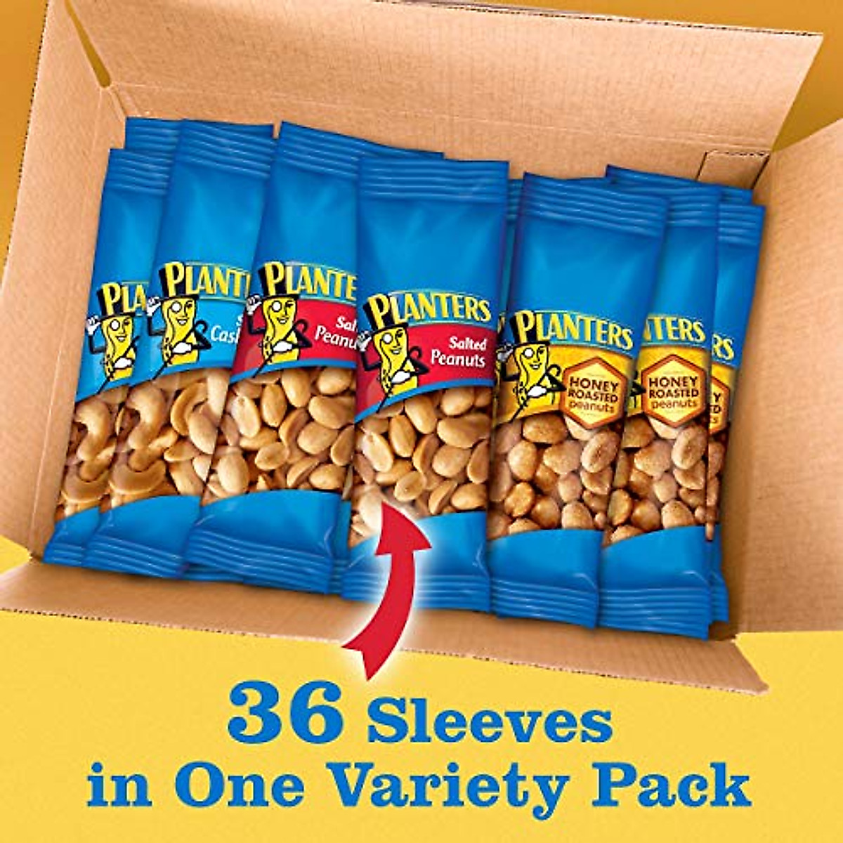 PLANTERS Variety Pack, Salted Cashews, Salted Peanuts & Honey Roasted Peanuts, On-the-Go Nut Snacks, Individually Packed Snacks, Quick Snack for Adults, After School Snack, Kosher, (36 Pack)