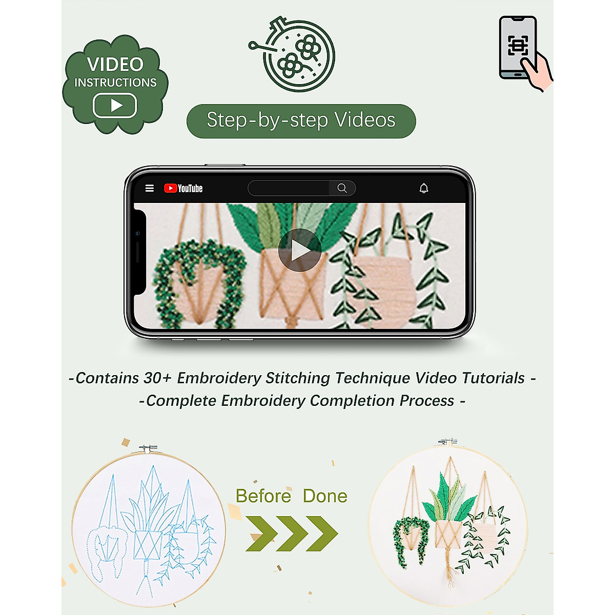 Santune 3 Sets Embroidery Starter Kit with Pattern and Instructions, Cross Stitch Set, Stamped Embroidery Kits with 3 Embroidery Clothes with Pattern, 1 Embroidery Hoops