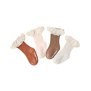 N / D Newborn Toddler Kids Baby Girls Infant High Knee Knitted Socks Cute Ruffle Lace Long Stockings Fall Winter (Beige White, 0-1 Years)