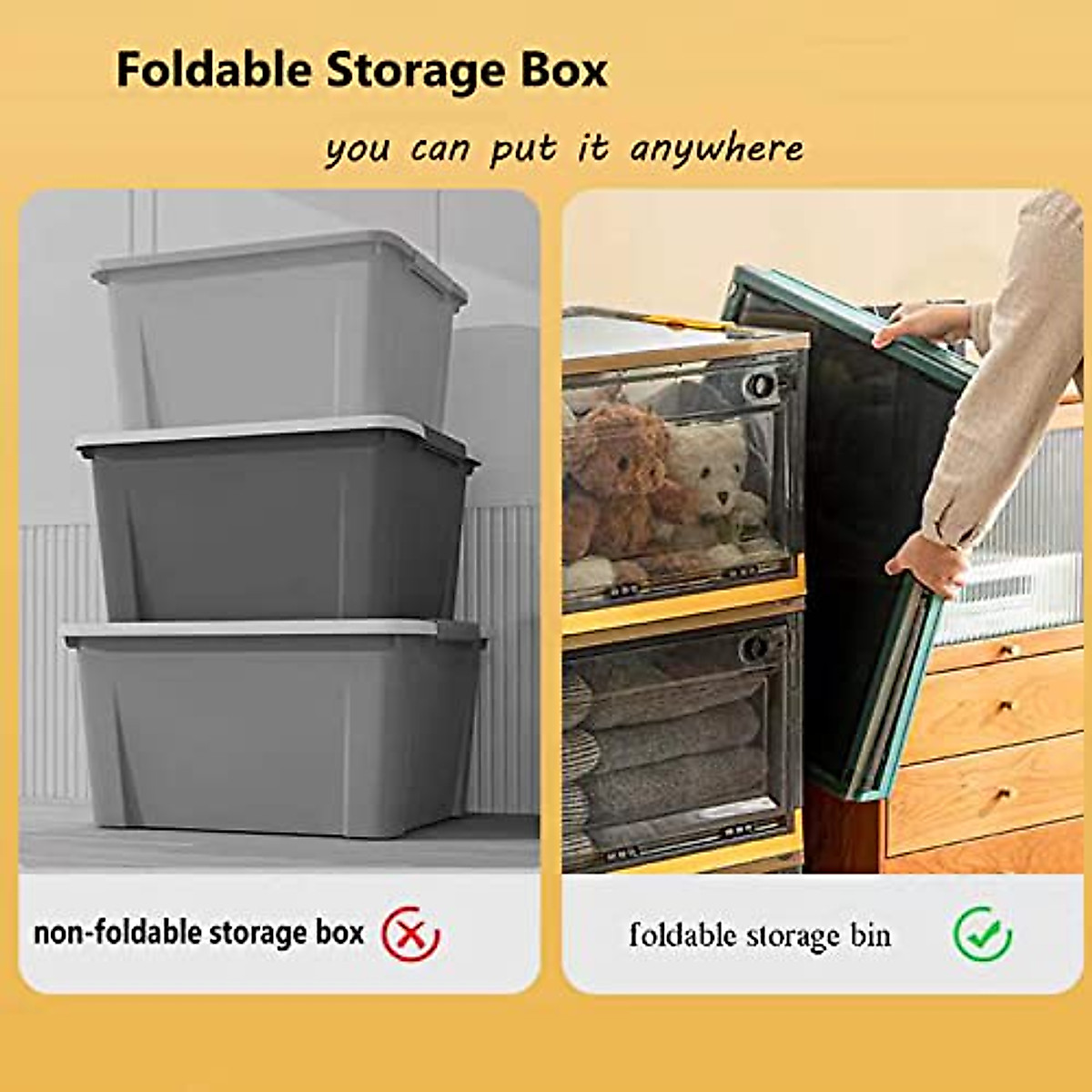 Taofwter 26L Collapsible Storage Bins with Lids for organizing, Stackable Clear Latch Storage Box with Handle, Folding Plastic Containers for Clothes, Toy, Books