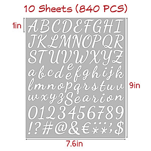 10 Sheets 840 Pcs White Self-Adhesive Alphabet Letters Numbers Kit Numbers Sticker DIY Number Letter Decal for Christmas Gift Decals Mailbox Signs Window Cars Home Address Number Grad Cap Art Making