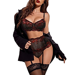 Avidlove Women Lingerie Set with Garter Belts Sexy Bra and Panty Underwire Push Up Lingerie Sets(Wine Red,L)
