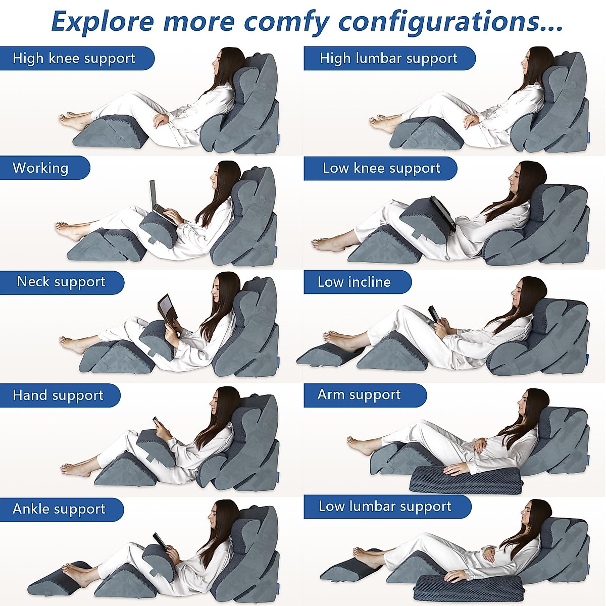 KingPavonini 6PCS Orthopedic Bed Wedge Pillow for Sleeping, Post Surgery Memory Foam for Back, Neck, Leg Support, Acid Reflux, Gerd with Travel Bag (Gray, 20'')