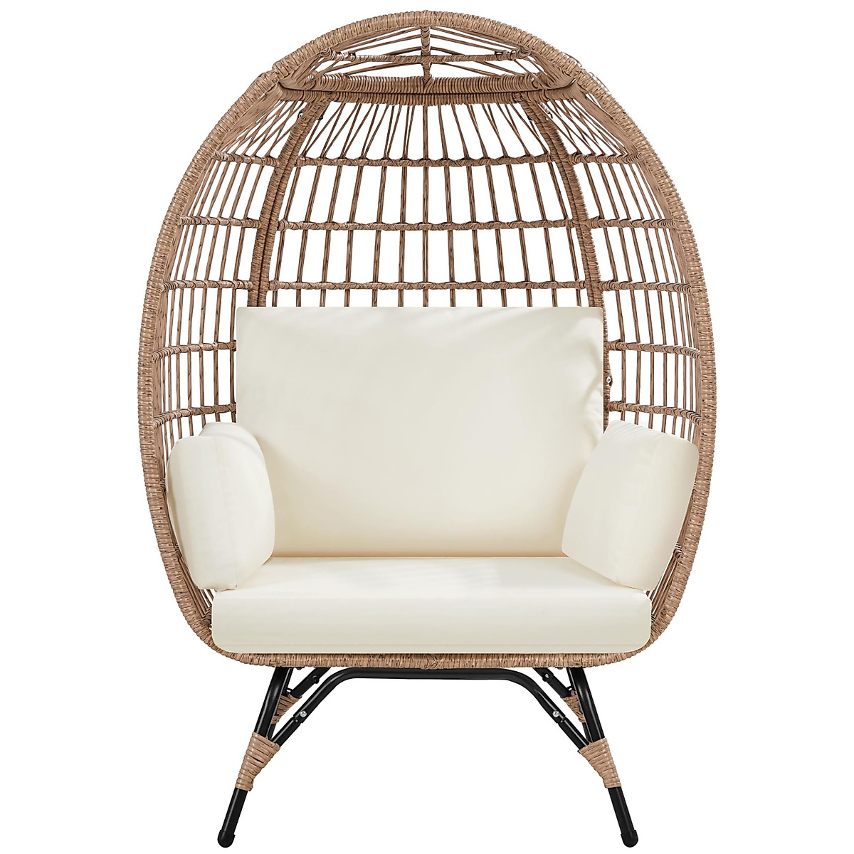 Yaheetech Egg Rattan Chair, Indoor/Outdoor PE Rattan Egg Basket Lounge Chair w/ 4 Cushions, Oversized Egg-Shaped Chair w/Metal Frame Stand for Patio, Backyard, Living Room - Light Brown/Ivory